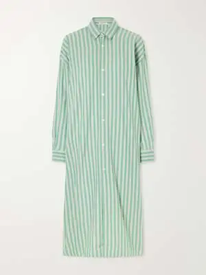 MARRAKSHI LIFE The Long Shirt Striped Cotton Oxford Midi Dress - Green
