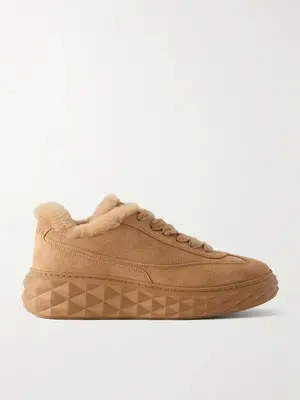JIMMY CHOO Diamond Maxi Retro Shearling-trimmed Suede Sneakers - Brown