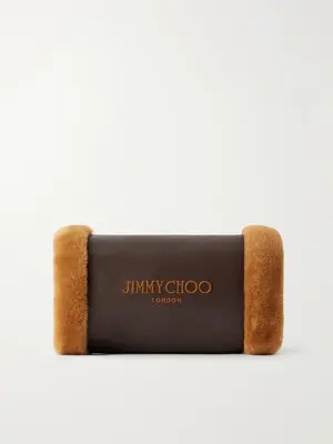 JIMMY CHOO Logo-embroidered Shearling-trimmed Leather Handwarmer - Brown