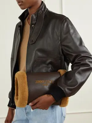 JIMMY CHOO Logo-embroidered Shearling-trimmed Leather Handwarmer