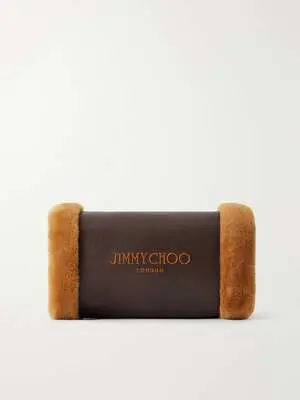 JIMMY CHOO Logo-embroidered Shearling-trimmed Leather Handwarmer - Chocolate