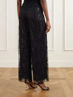 Staud Jayden Sequin-trimmed Organza Wide-leg Pants - Black