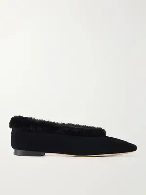 JIMMY CHOO Margot Shearling-trimmed Suede Ballet Flats - Black