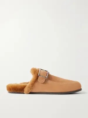 JIMMY CHOO Shearling-trimmed Suede Slip-ons - Brown