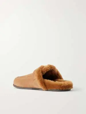 JIMMY CHOO Shearling-trimmed Suede Mules - Tan