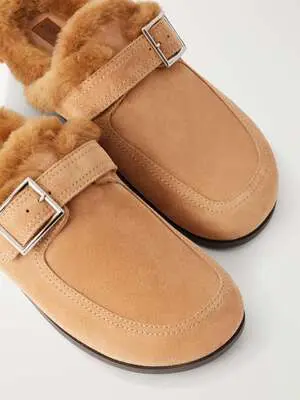 JIMMY CHOO Shearling-trimmed Suede Mules - Tan