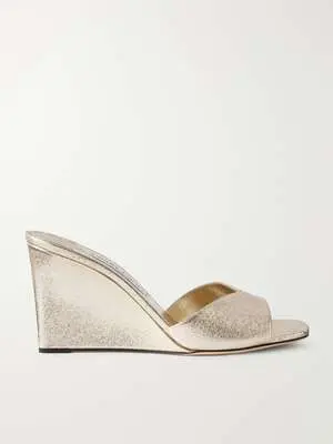 JIMMY CHOO Skye 85 Metallic Crinkled-satin Wedge Sandals