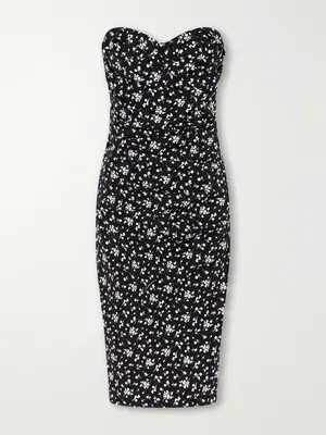 Dolce & Gabbana Strapless Draped Floral-print Silk-blend Charmeuse Midi Dress - Black