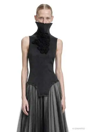MARC LE BIHAN Turtleneck Corset Silk Top - Black