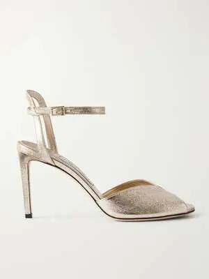JIMMY CHOO Sacora 85 Metallic Crinkled-satin Sandals - Gold