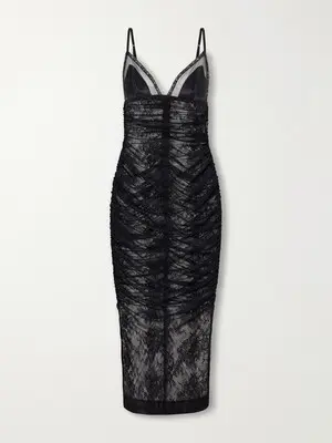 Dolce & Gabbana Gathered Satin-trimmed Chantilly Lace Midi Dress - Black