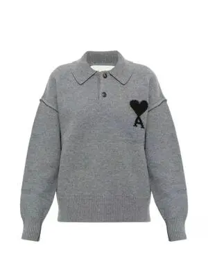 AMI Paris De Coeur Wool Polo Shirt - Grey
