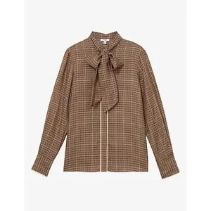 REISS Minnie Check Tie-neck Woven Blouse