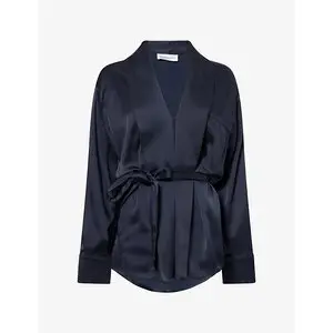 Victoria Beckham Alba Tie-belt Crepe-back Satin Blouse - Midnight