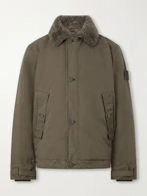 Stone Island Ghost Shearling-trimmed Padded Garment-dyed David-tc Shell Jacket - Green