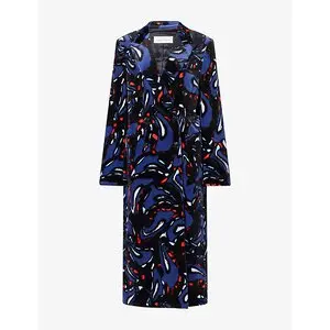 Dries Van Noten Graphic-print Longline Cotton-velvet Coat - Navy