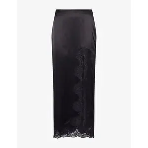 Valentino Garavani Lace-trim Split Silk-satin Midi Skirt - Nero