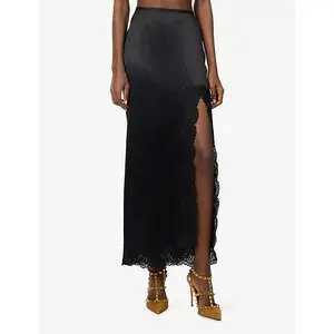 Valentino Garavani Lace-trim Split Silk-satin Midi Skirt - Nero