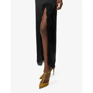 Valentino Garavani Lace-trim Split Silk-satin Midi Skirt - Nero