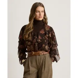 Ralph Lauren Floral Ruffle-trim Chiffon V-neck Blouse