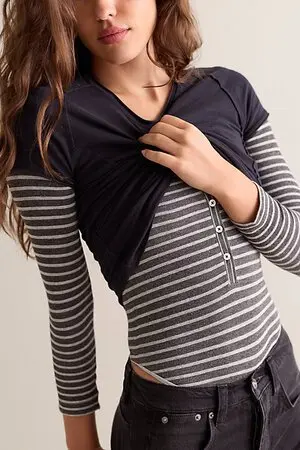Free People Just Enough Stripe Button-front Bodysuit - Grey Combo
