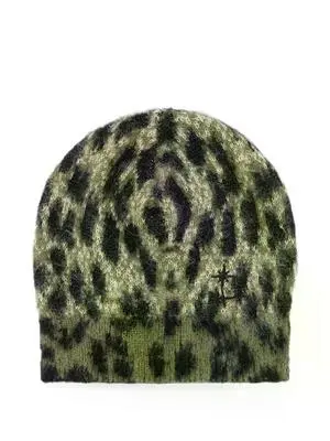 LANEUS Leopard-print Brushed-knit Beanie Hat - Green