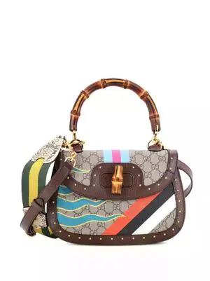 Gucci Bamboo 1947 Top Handle Bag Printed Gg Coated Canvas And Studded Leather Medium Shoulder Bag - Brown