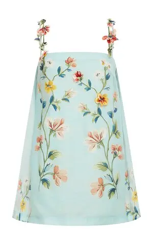 LEO LIN Fiona Embroidered Linen-silk Mini Dress - Light Blue