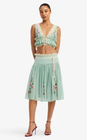 LEO LIN Nellie Embroidered Chiffon Midi Skirt