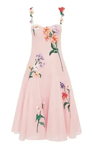 LEO LIN Marisol Embroidered Linen-silk Midi Dress - Light Pink