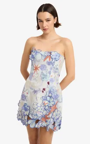 LEO LIN Roselle Applique Linen-silk Mini Dress - Multi