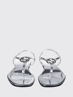 Gucci Gg Laminated Leather Thong Sandals With Low Heel And Logo - Gray