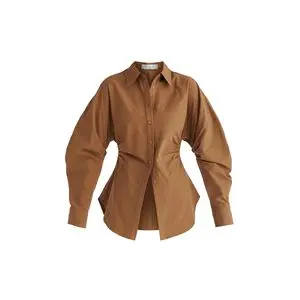 PAISIE Sculptural Ruched Waist Shirt With Volume Sleeves - Brown
