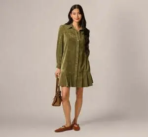 Adrianna Papell Long Sleeve Corduroy Pleated Hem Hailey Dress - Olive