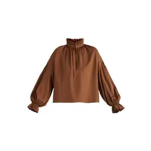 PAISIE Ruffle Neck Lyocell Blouse With Smocked Cuffs - Brown