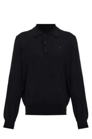 AMI Paris Wool Polo Shirt With Embroidered Logo - Black