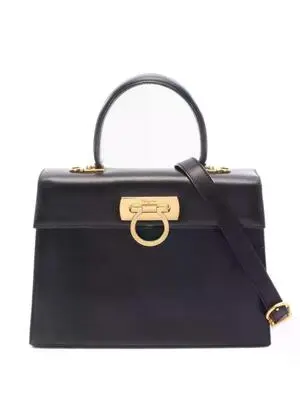 FERRAGAMO 2000s Gancini Two-way Leather Tote Bag - Black