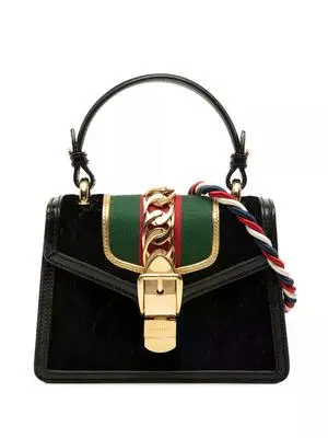 Gucci 2000-2015 Mini Gg Velvet Web Sylvie Top Handle Bag Satchel - Black