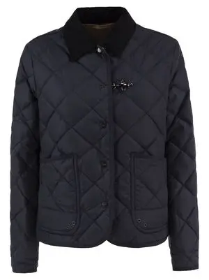 FAY Quilted Jacket With Corduroy Collar And Hook - Blue