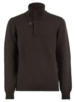 FAY Virgin Wool Jumper With High Neck And Hook Fastening - Brown