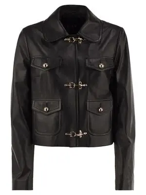 FAY Cropped Genuine Leather Jacket With Hooks - Black