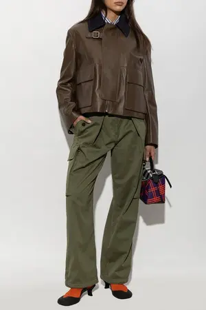 Loewe Olive Leather Jacket With Navy Corduroy Collar By