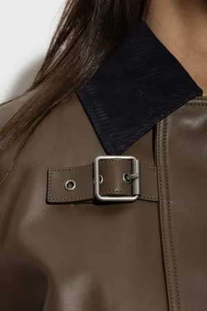 Loewe Olive Leather Jacket With Navy Corduroy Collar By