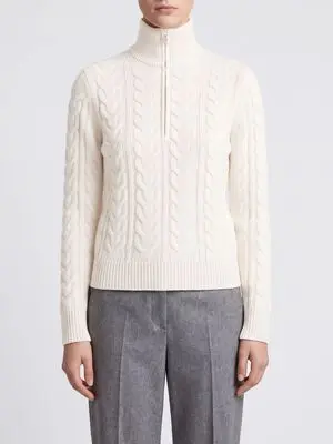 Max Mara Slim-fit Half-zip Turtleneck Jumper In Pure Cashmere With Ribbed Trim - White