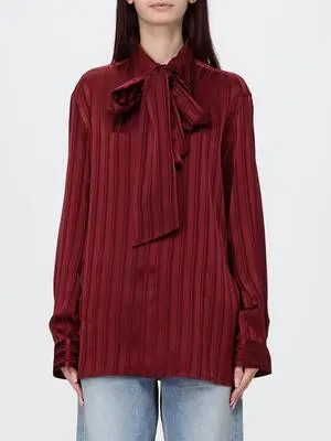 Saint Laurent Striped Pure Silk Pussy-bow Blouse - Red