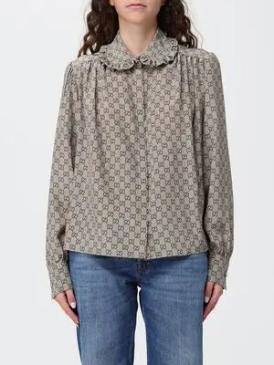 Gucci Gg Motif Silk Shirt With Peter Pan Collar - Cream