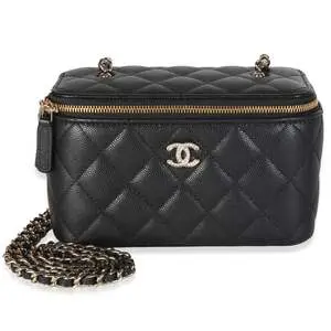 CHANEL Black Quilted Caviar Crystal CC Vanity Case With Chain