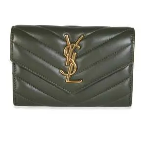Saint Laurent Olive Wood Nappa Matelasse Chevron Monogram Envelope Wallet - Green
