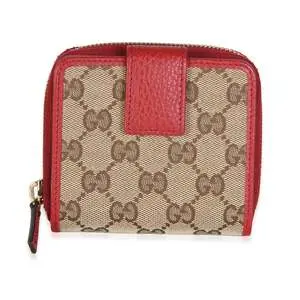 Gucci Beige Gg Canvas Dollar Calfskin Zip Around French Flap Wallet - Red