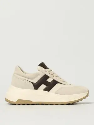 Hogan H669 Leather And Nappa Sneakers With Side H Logo And Platform Sole - Beige